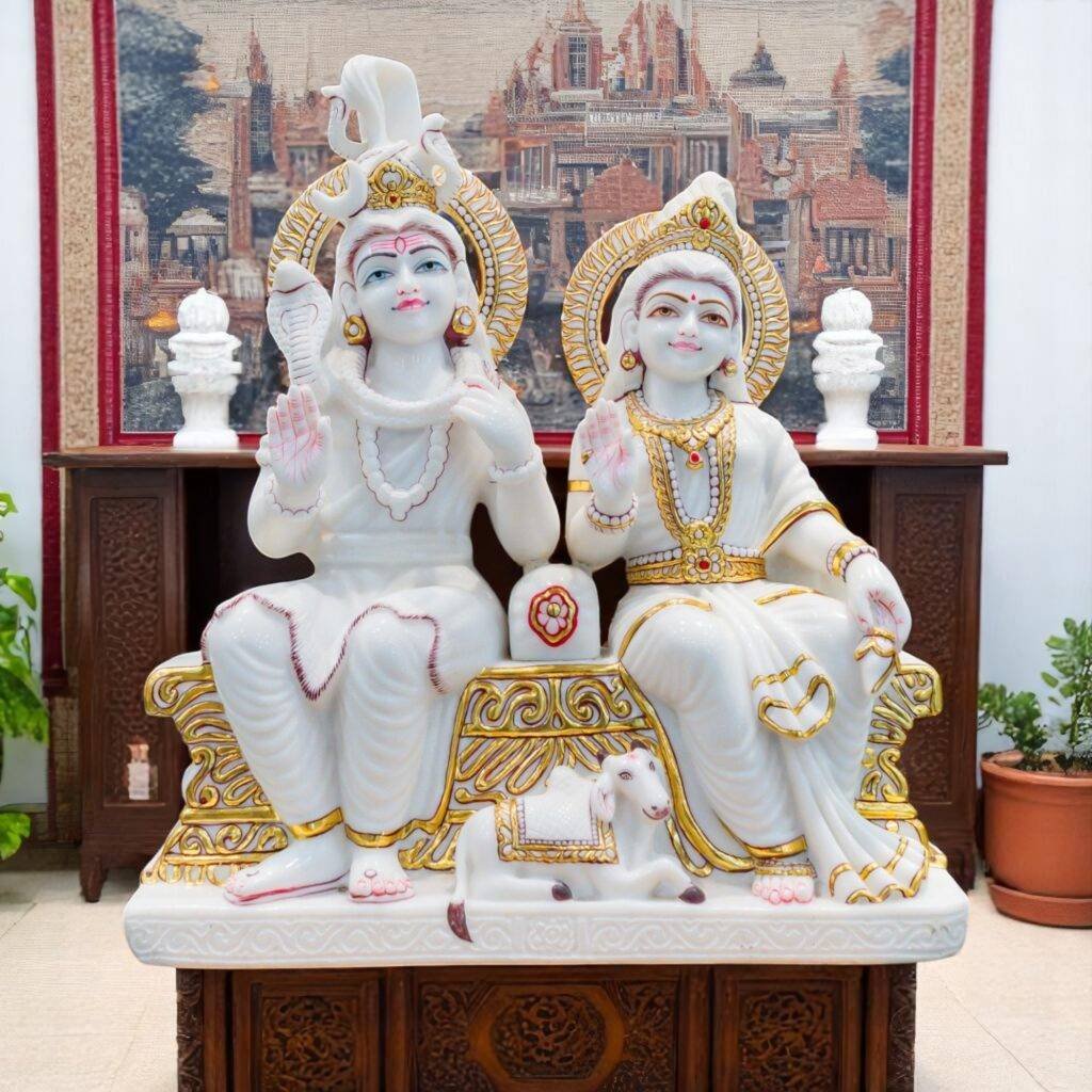 Handcarved Marble Shiv Parivar | Pure White Marble Idol - CRAFTS IN INDIA