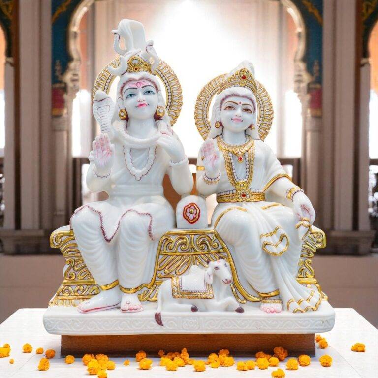 Handcarved Marble Shiv Parivar | Pure White Marble Idol - CRAFTS IN INDIA